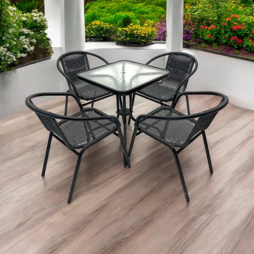 Black Rattan Patio Set - Square Glass Table & 4 Rattan Chairs