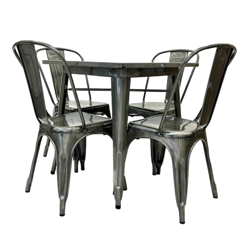Silver Tolix Bistro Sets - 4 Tolix Chairs & 1 Table - BE Furniture Sales