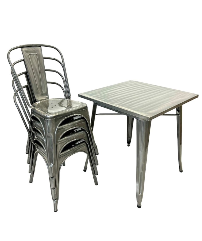Silver Tolix Bistro Sets - 4 Tolix Chairs & 1 Table - BE Furniture Sales