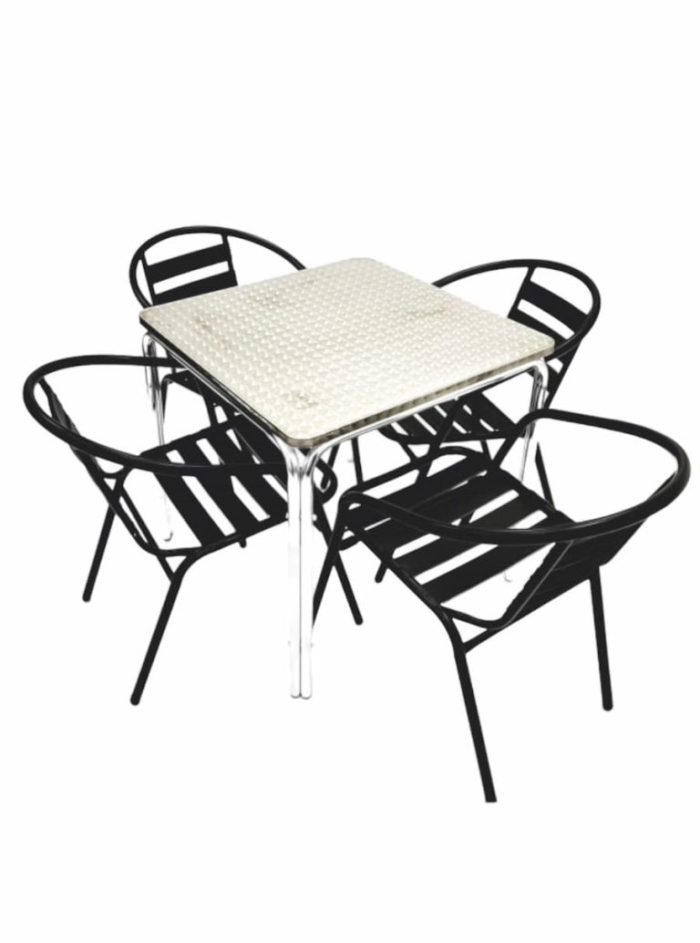 Outdoor Stacking Furniture Set - Aluminium Table & 4 Black Steel Chairs ...