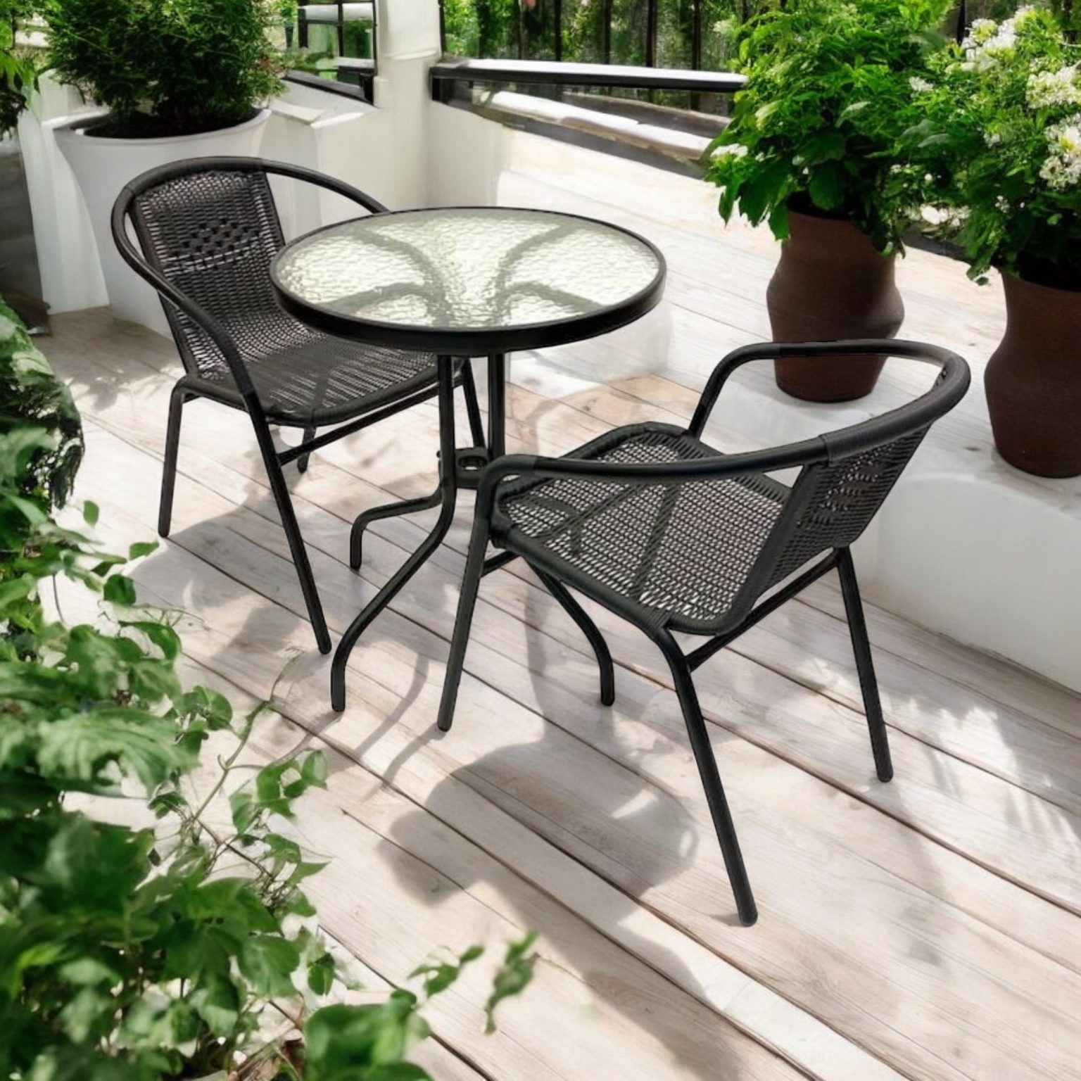 Rattan Garden Set - Round Glass Table & 2 Rattan Chairs