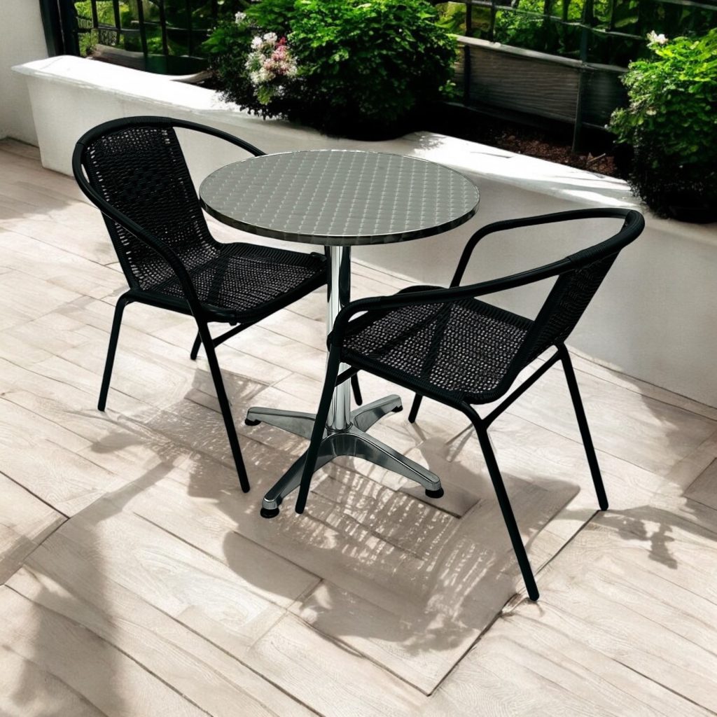 Black Balcony Set - Round Pedestal Table & 2 Rattan Steel Chairs