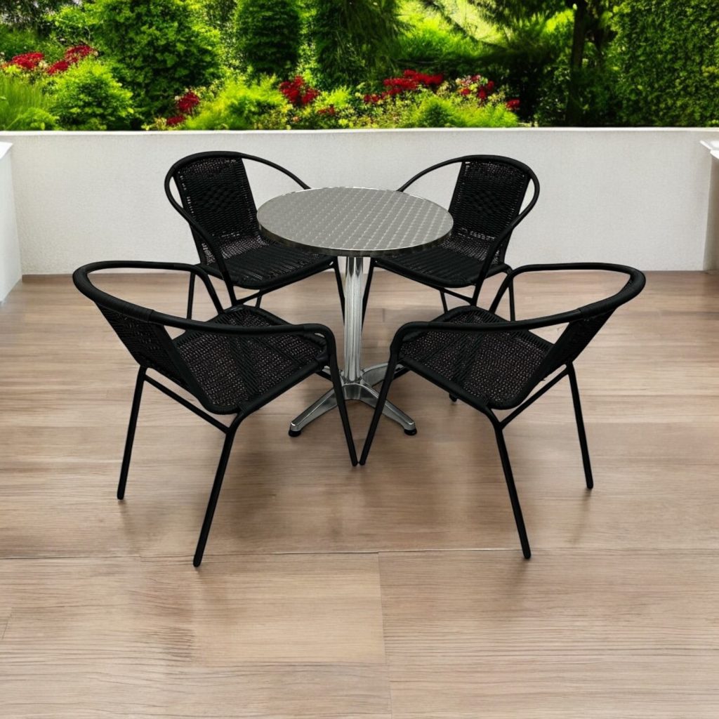Rattan Garden Set Black - Round Pedestal Table & 4 Rattan Steel Chairs