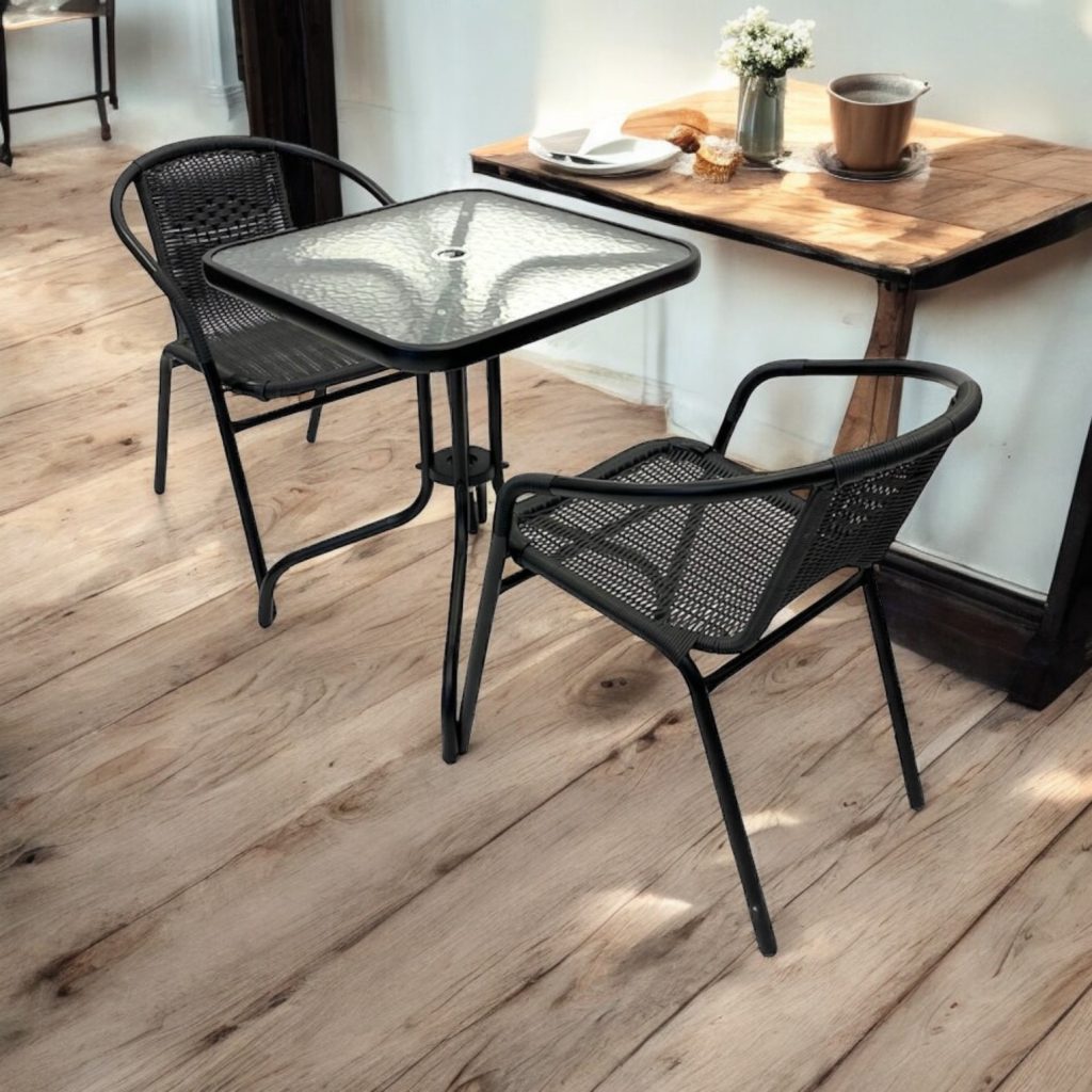 Black Rattan Balcony Set , Square Glass Table & 2 Rattan Chairs