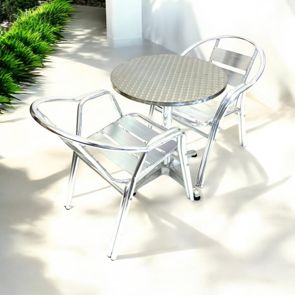 Aluminium Balcony Set - Round Pedestal Table & 2 Double Tube Chairs