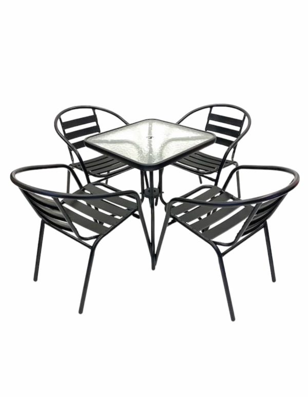 Outdoor Garden Furniture Set - Square Glass Table & 4 Black Steel ...