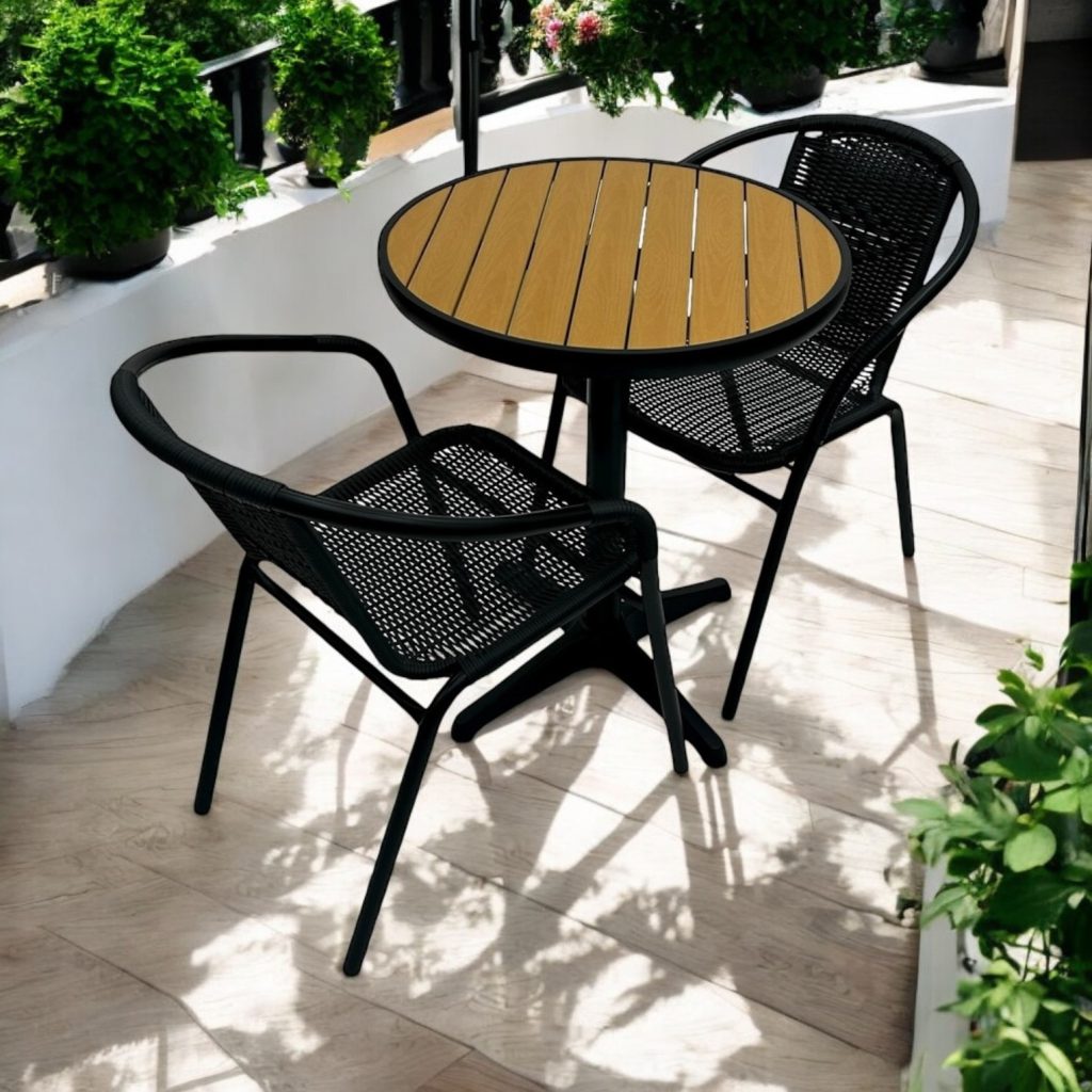 Outdoor Cafe Set , Bistro Table & 2 Rattan Chairs - BE Furniture
